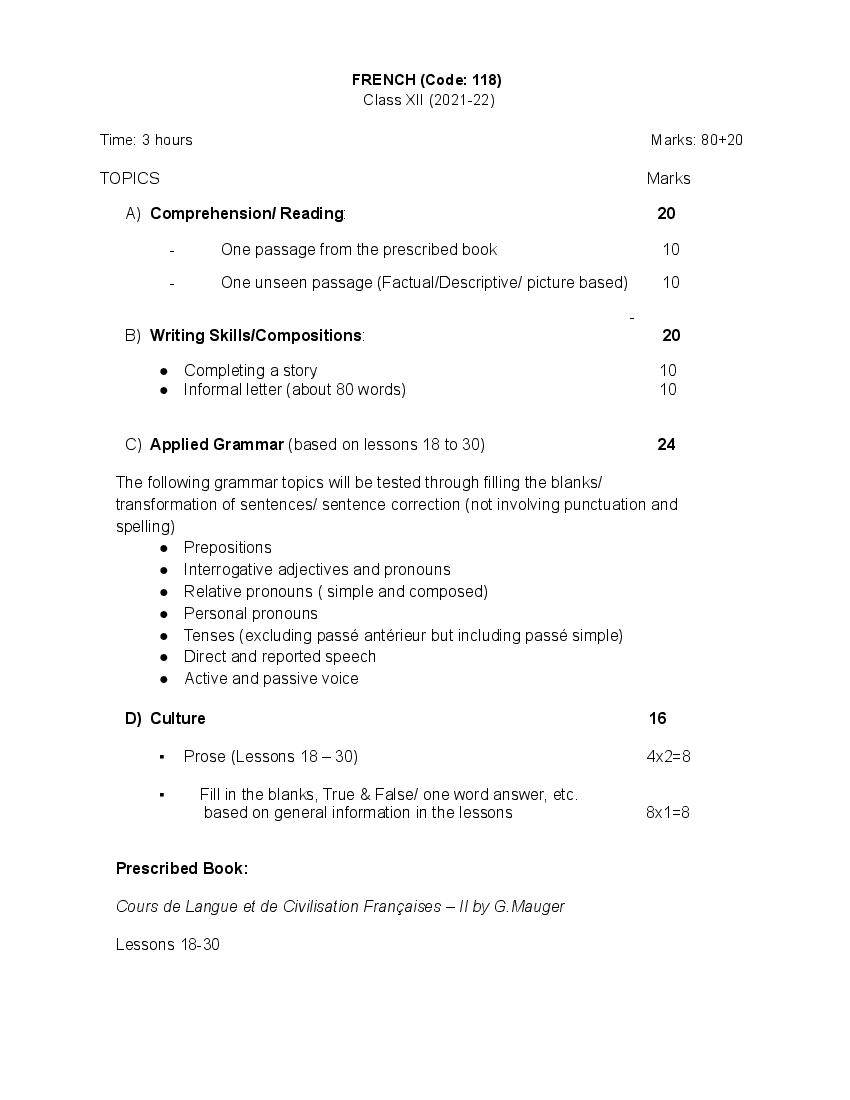 CBSE Syllabus for Class 11 French 2021-22 [Revised]