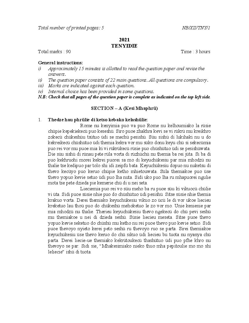 NBSE Class 12 Question Paper 2021 For Tenyidie