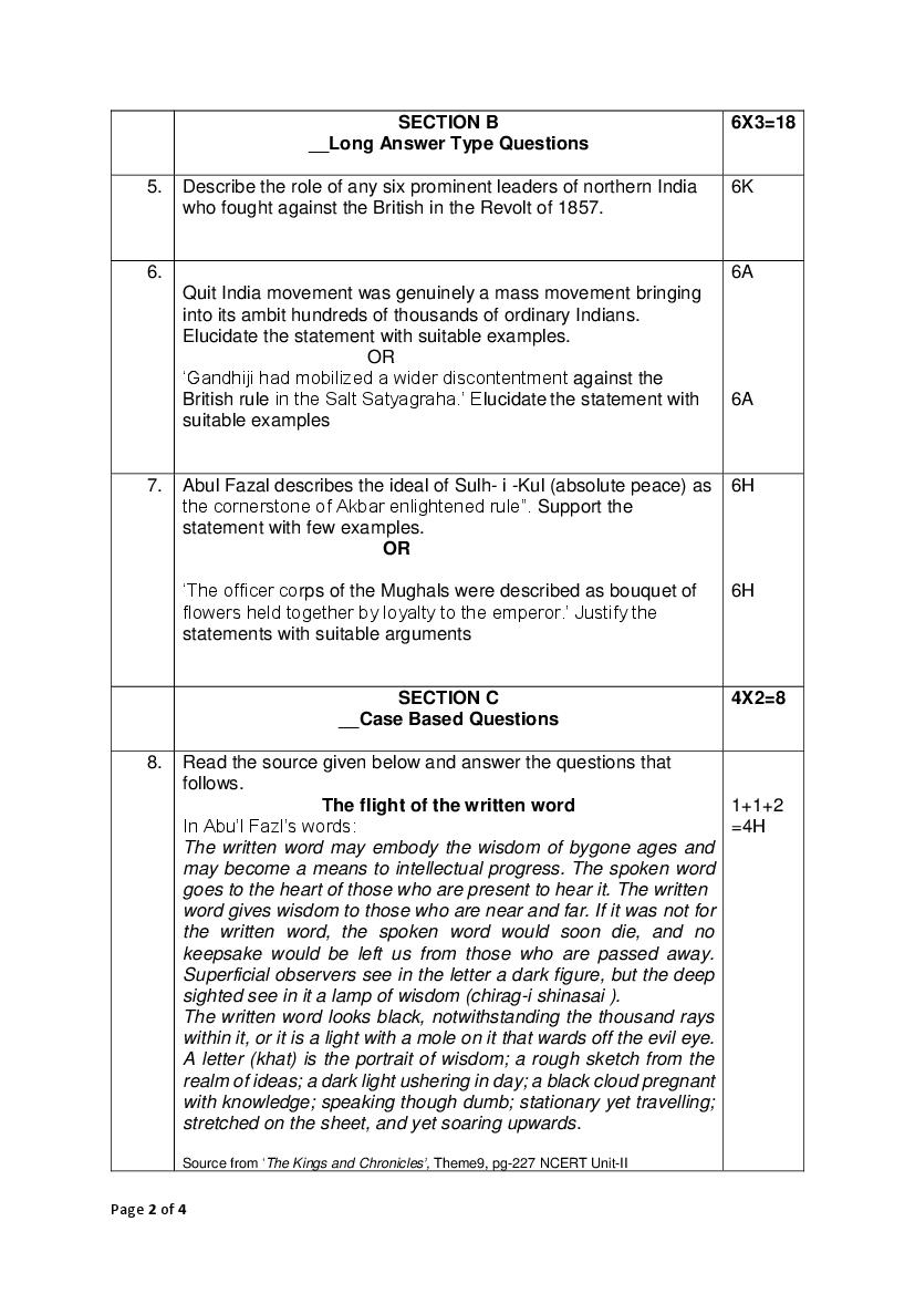 CBSE Sample Paper 2022 Class 12 History - Term 2, Term 1 PDF Download