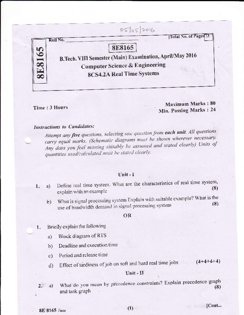 RTU 2016 Question Paper Semester VIII Computer Science and Engineering Real Time Systems