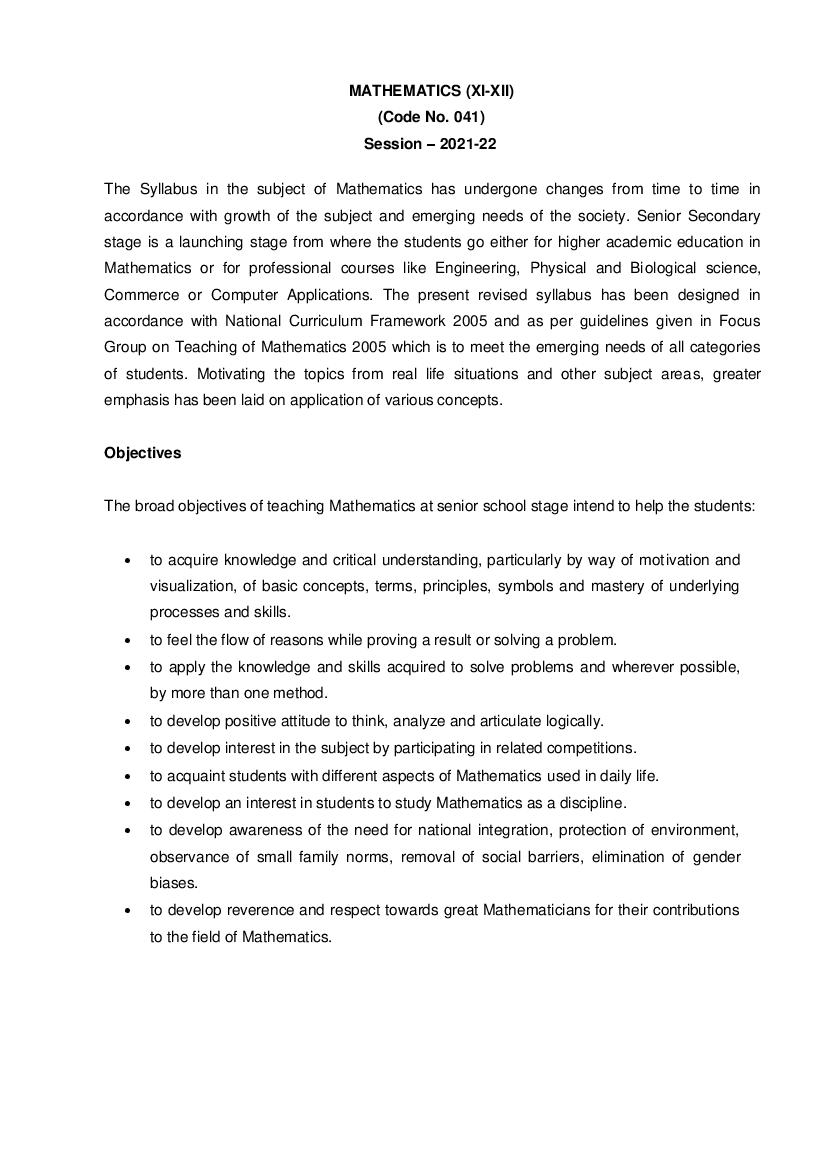 CBSE Class 11 Maths Syllabus 2021 22