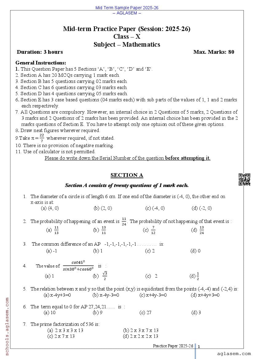 Class 10 Maths Mid Term Sample Paper 2025 PDF | Download PT1 / Term 1 Practice Paper - AglaSem