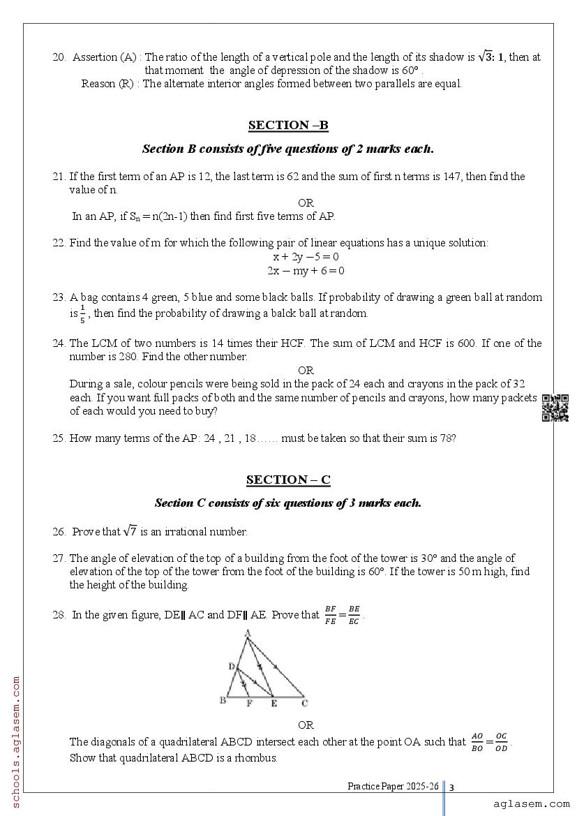Class 10 Maths Mid Term Sample Paper 2025 PDF | Download PT1 / Term 1 Practice Paper - AglaSem