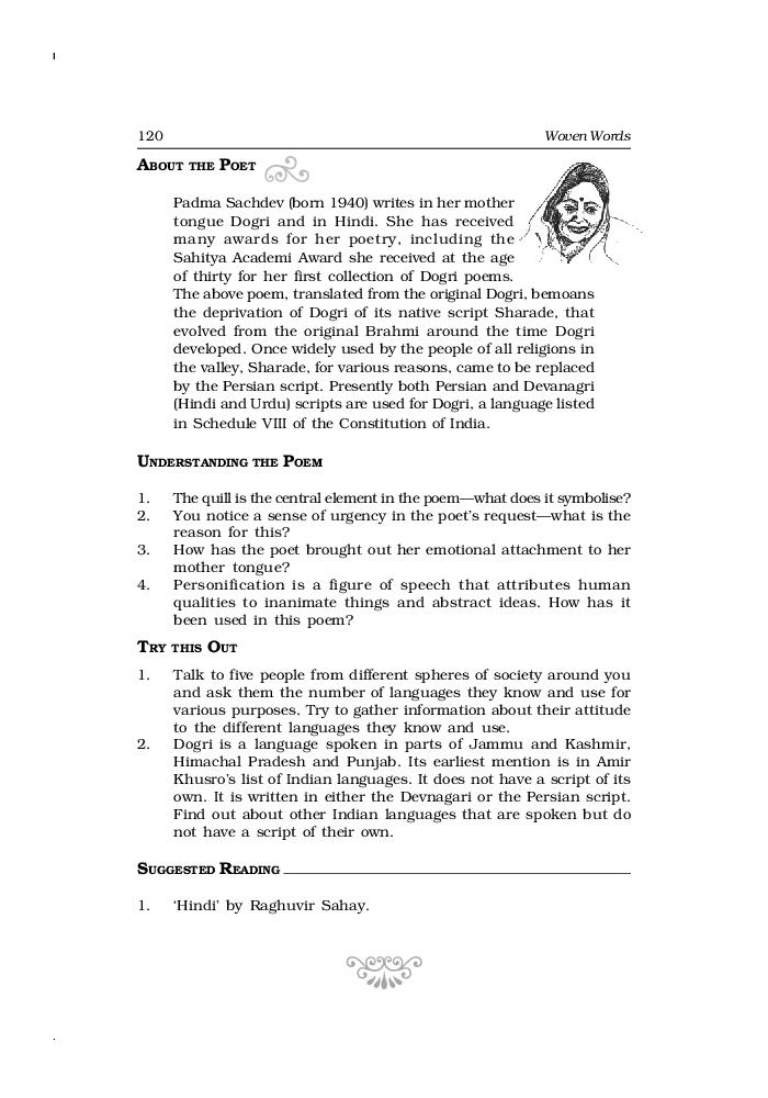 NCERT Book Class 11 English Woven Words Poetry 6 Mother Tongue