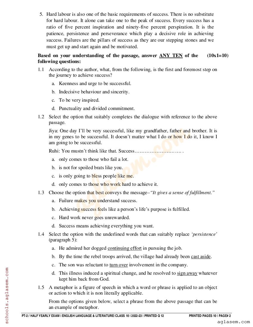 Class 10 English Half Yearly Question Paper 2024 Download 10th Half