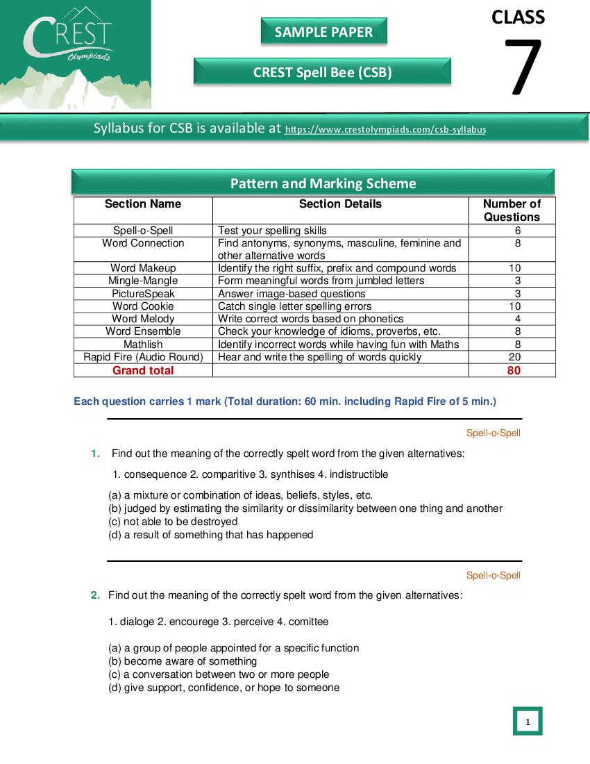 CREST International Spell Bee CSB Class 7 Sample Paper CREST International Spell Bee CSB Class 7 Sample Paper