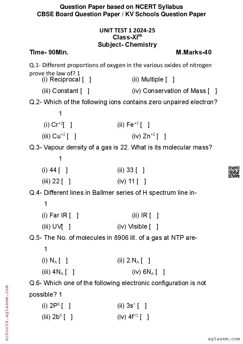 Class 11 PT 1 Question Paper Chemistry 2024-25 | Download Periodic Test ...