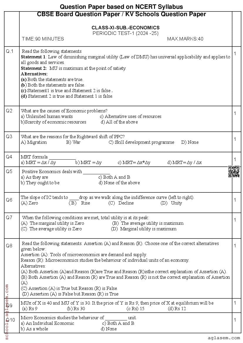 Class 11 PT 1 Question Paper Economics 2024-25 | Download Periodic Test ...