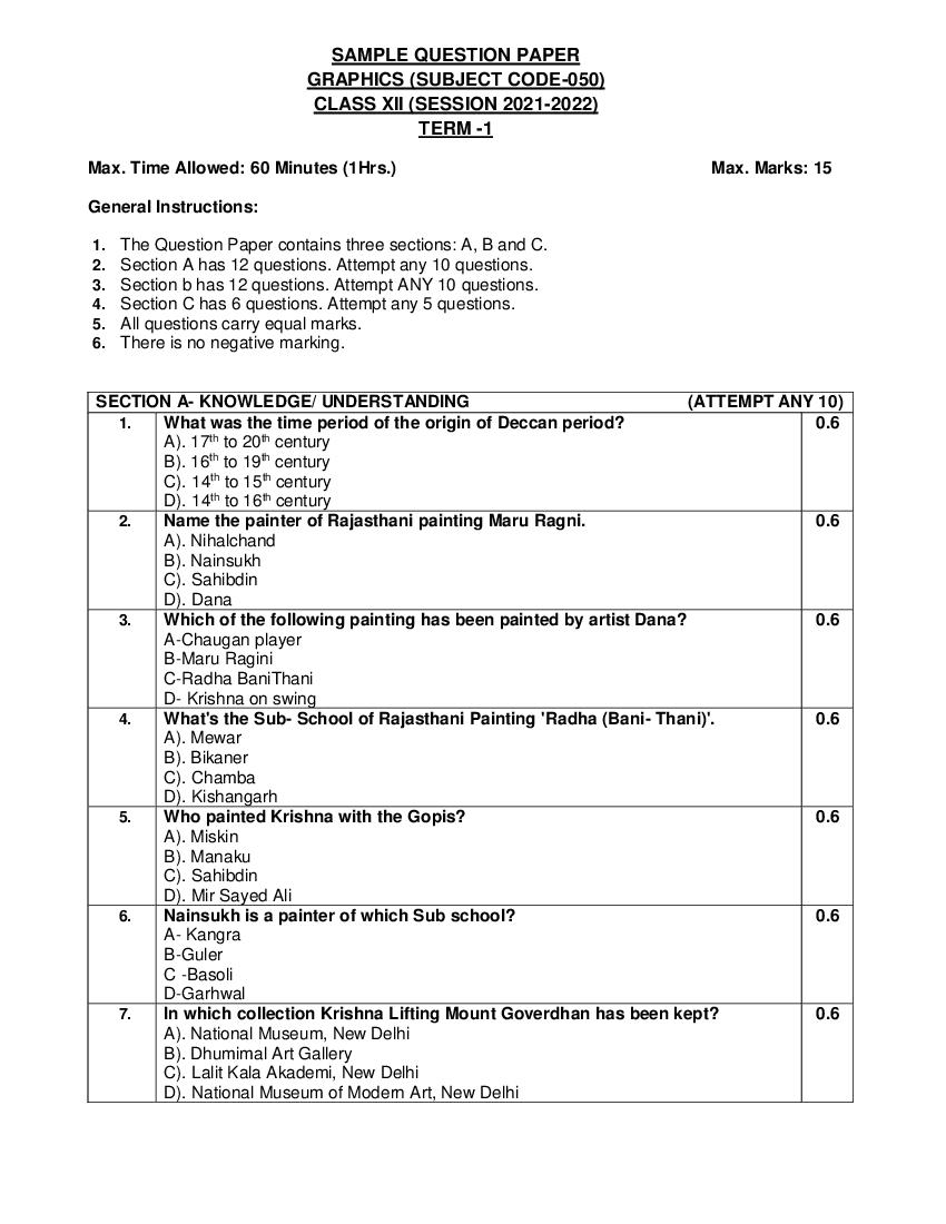 CBSE Class 12 Sample Paper 2022 For Graphics Term 1