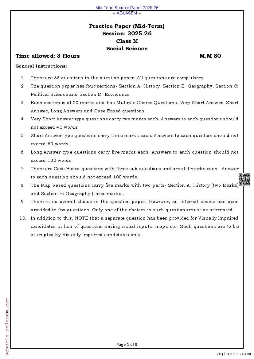 Class 10 Social Science Mid Term Sample Paper 2025 PDF | Download PT1 / Term 1 Practice Paper ...