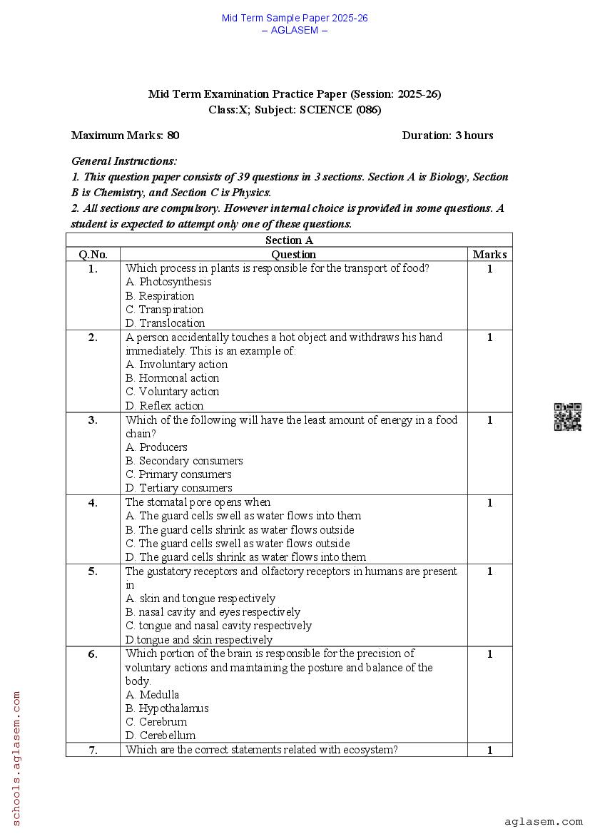 Class 10 Science Mid Term Sample Paper 2025 PDF | Download PT1 / Term 1 ...