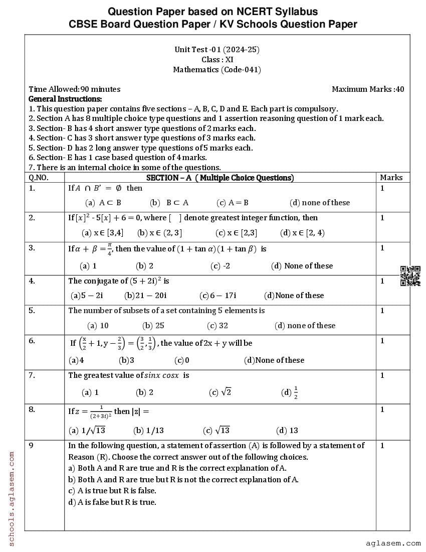 Class 11 PT 1 Question Paper Maths 2025-26 PDF | Download Periodic Test ...