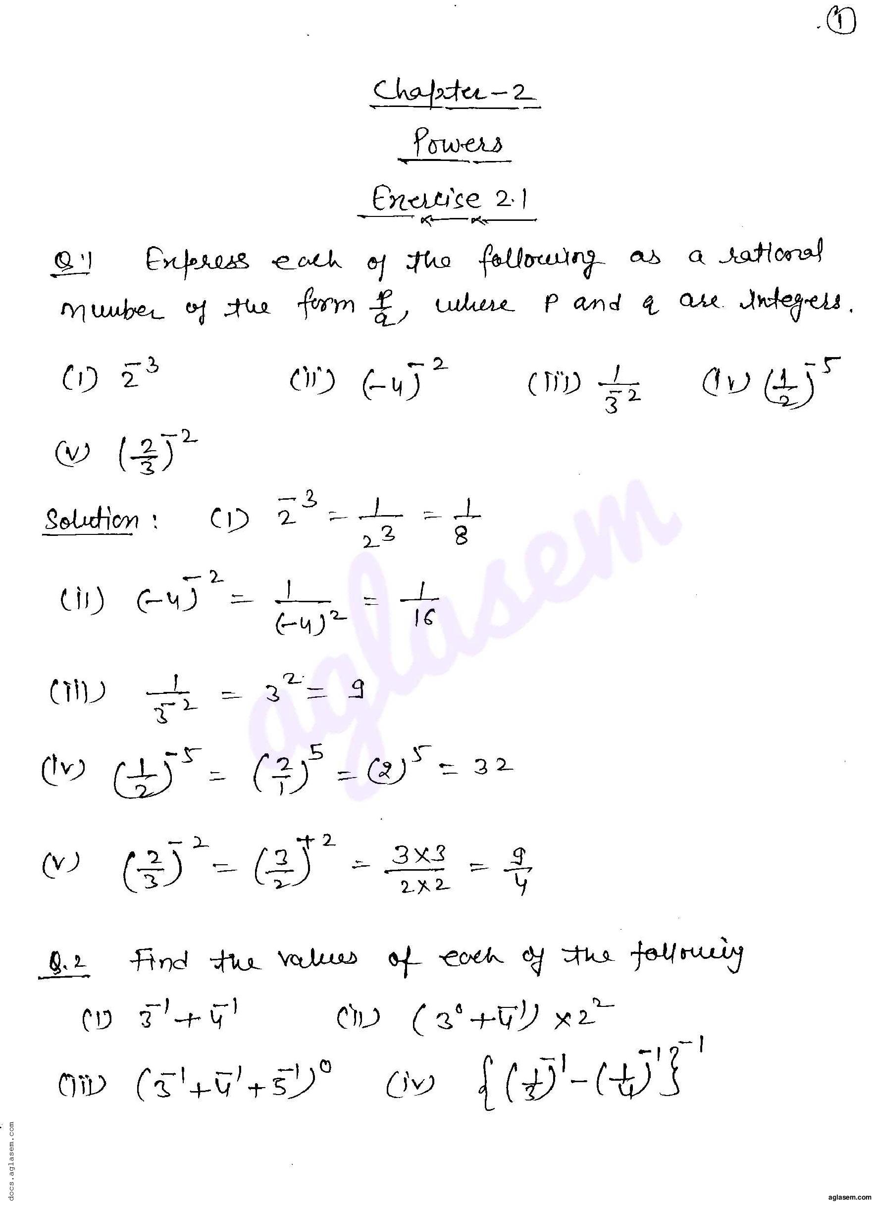 RD Sharma Solutions Class 8 Chapter 2 Powers Exercise 2 1
