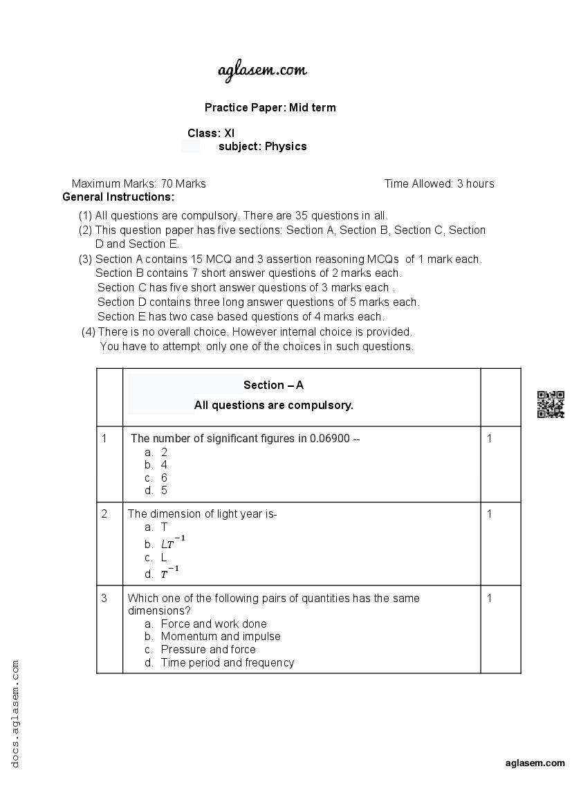 Class 11 Physics Mid Term Sample Paper 2023 Download Half Yearly