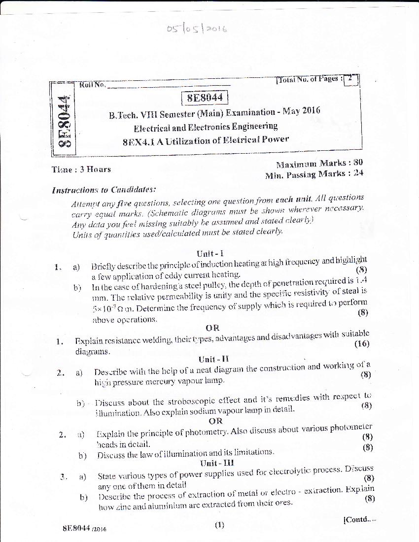 RTU 2016 Question Paper Semester VIII Electrical and Electronics ...