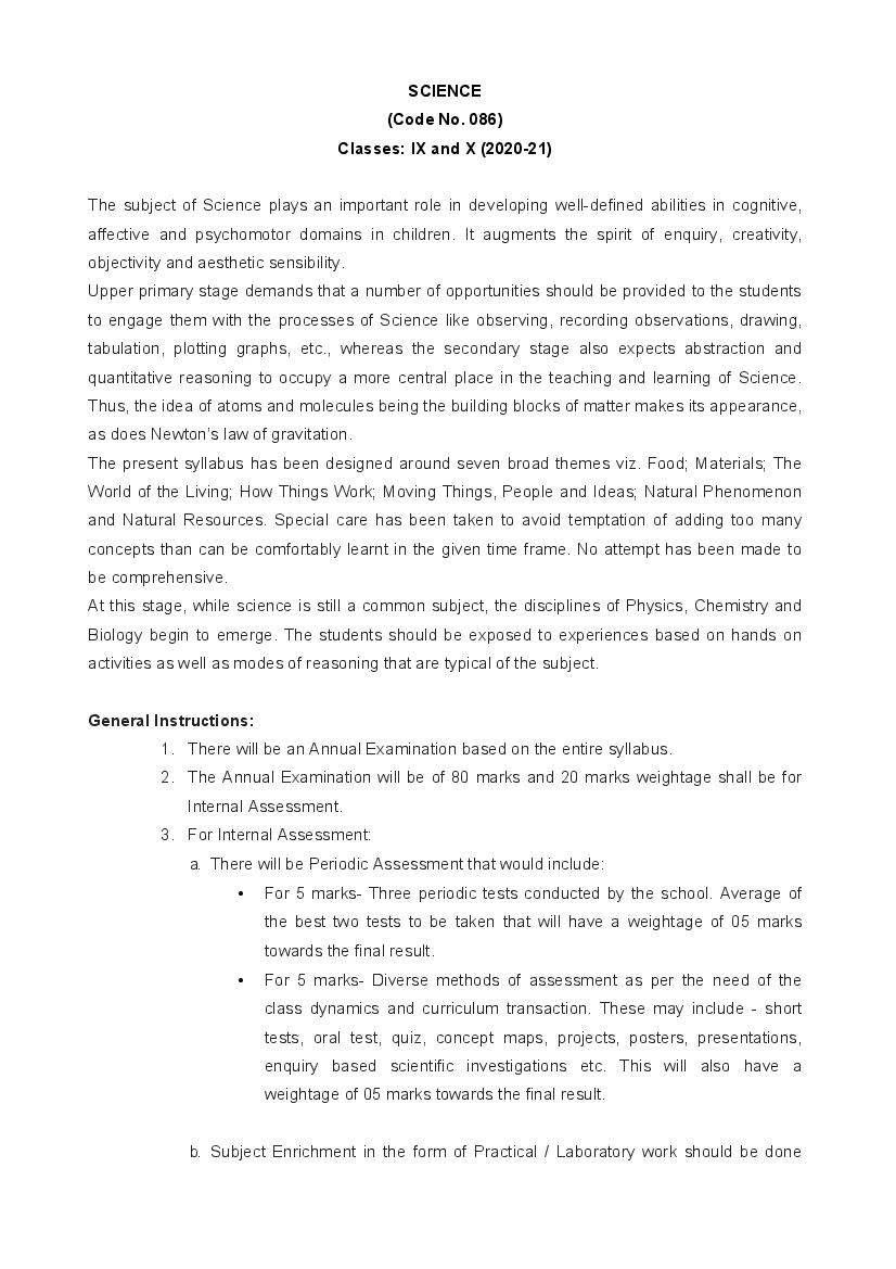 CBSE Class 9 Science Syllabus 2020 21