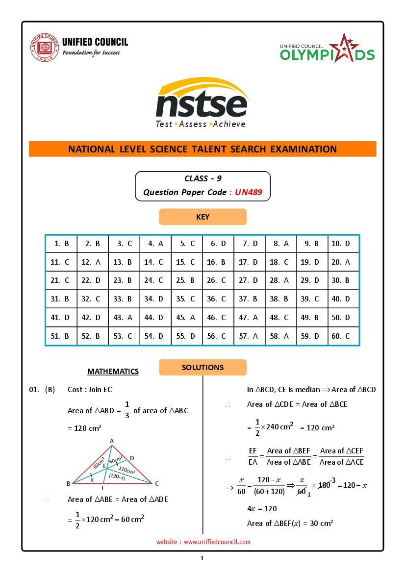 NSTSE 2023 Answer Key for Class-9 UN489