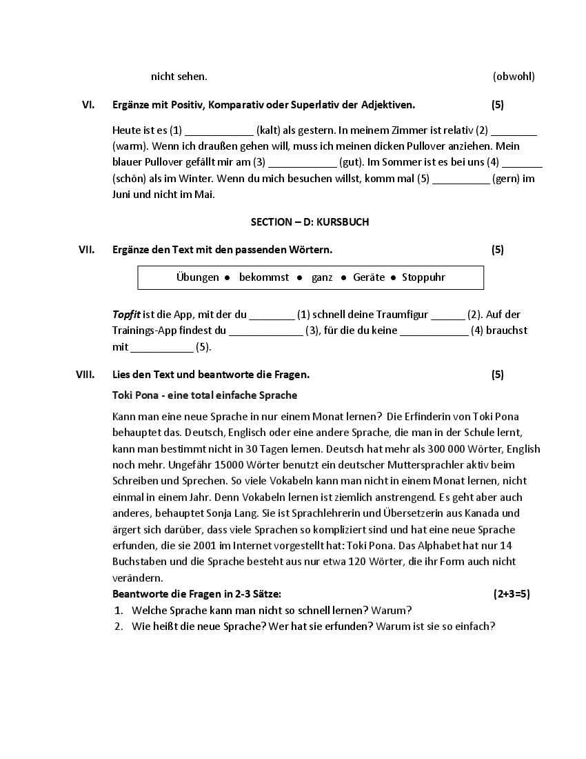 CBSE Sample Paper 2022 Class 10 German - Term 2, Term 1 PDF Download