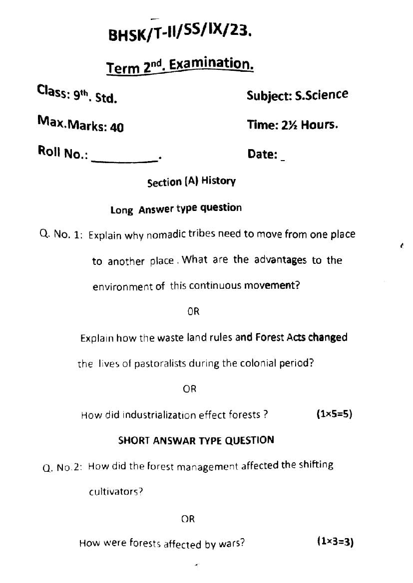 JKBOSE Class 9th Social Science Question Paper (PDF) - 2024, 2023, 2022 - AglaSem