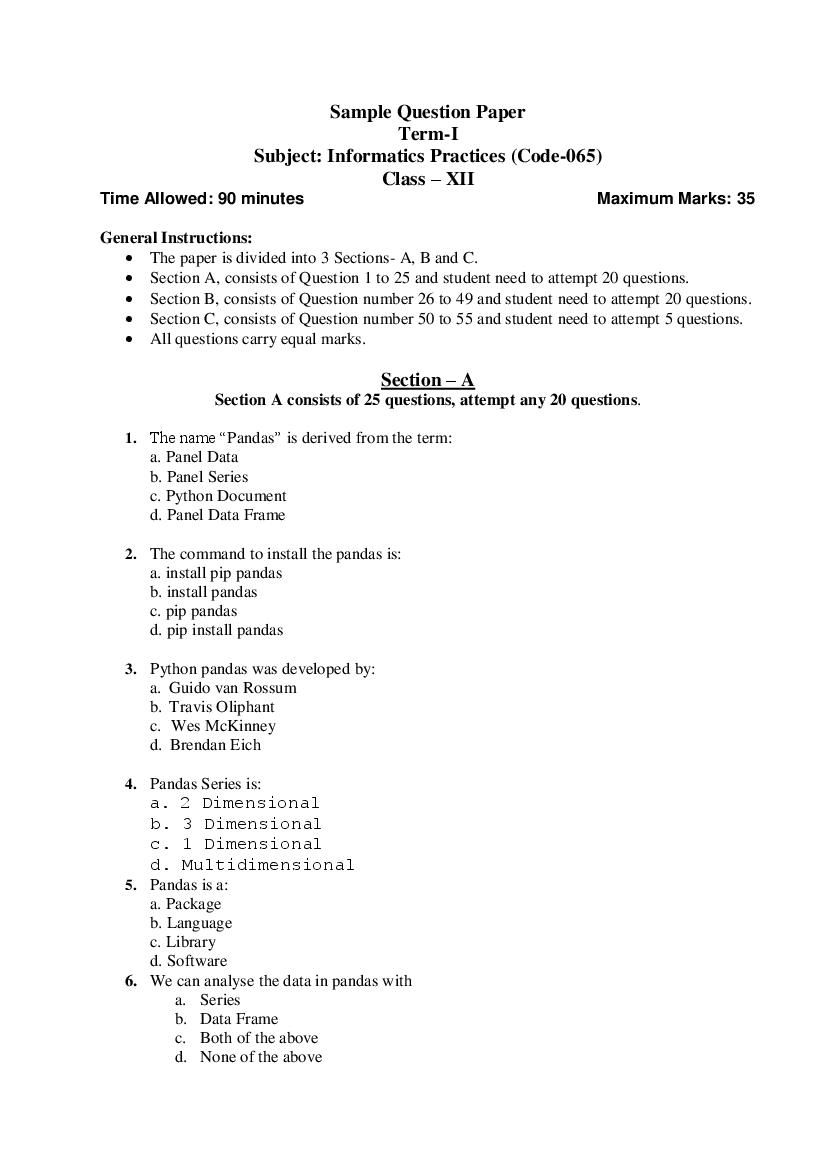 CBSE Class 12 Sample Paper 2022 For Informatics Practices Term 1
