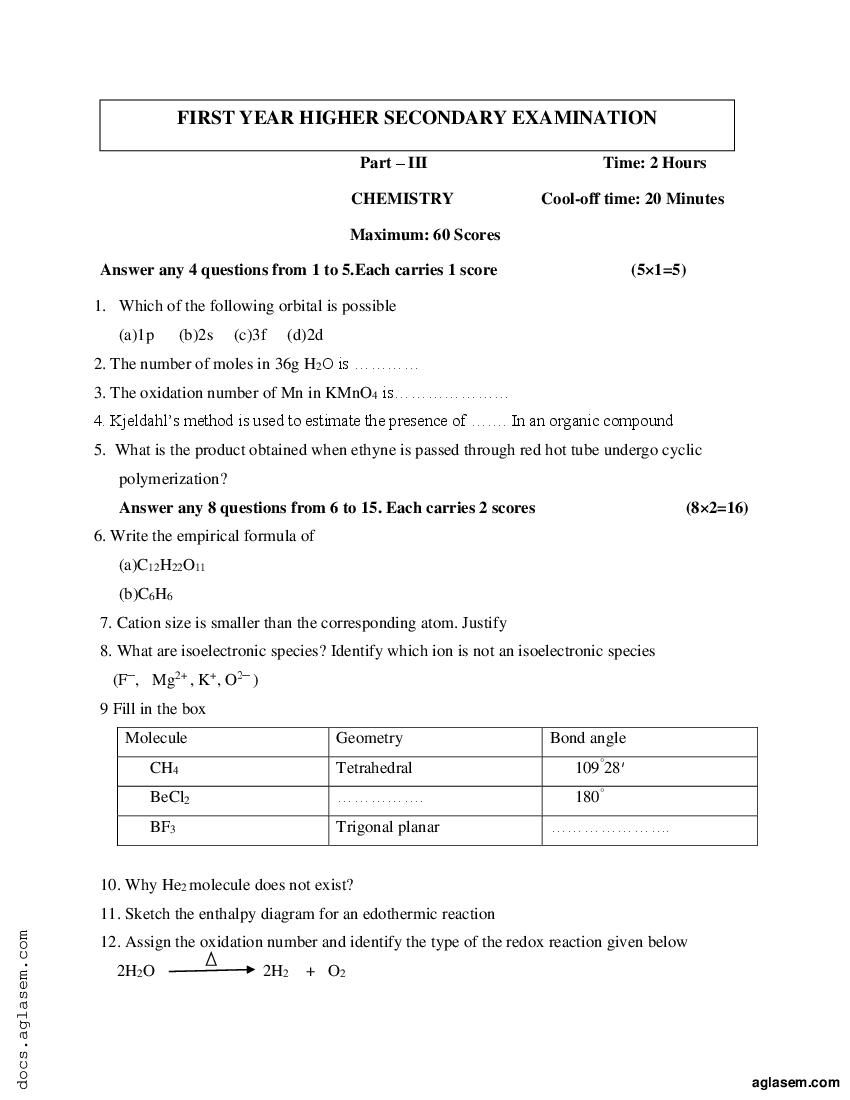 Kerala Plus One Chemistry Model Paper 2025 PDF Download Here Kerala Plus One Chemistry Model Paper 2025 PDF Download Here