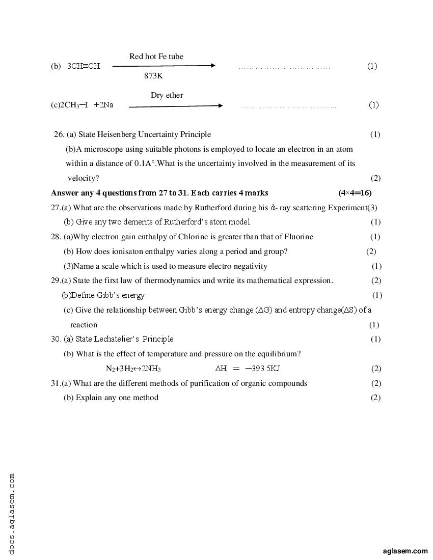 Kerala Plus One Chemistry Model Paper 2023 PDF Kerala Class 11