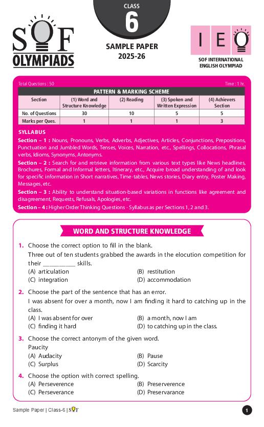 SOF IEO Sample Paper 2026 Class 6