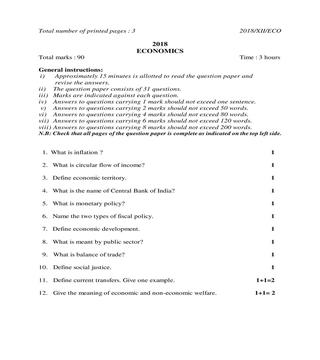 NBSE Class 12 Question Paper 2018 for Economics