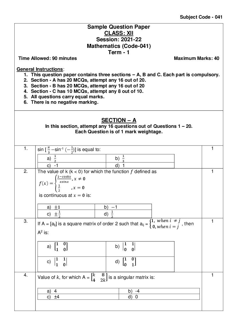 CBSE Class 12 Sample Paper 2022 For Maths Term 1 CBSE Class 12 Sample Paper 2022 For Maths Term 1