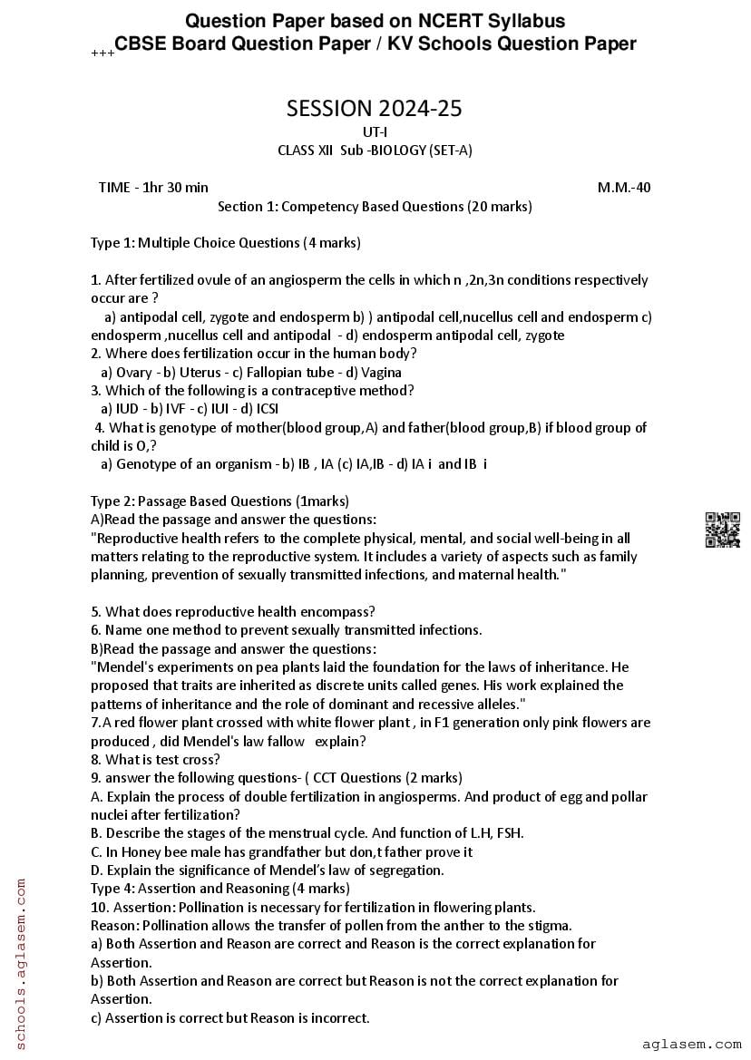 Class 12 PT 1 Question Paper Biology 2024-25 | Download Periodic Test 1 ...