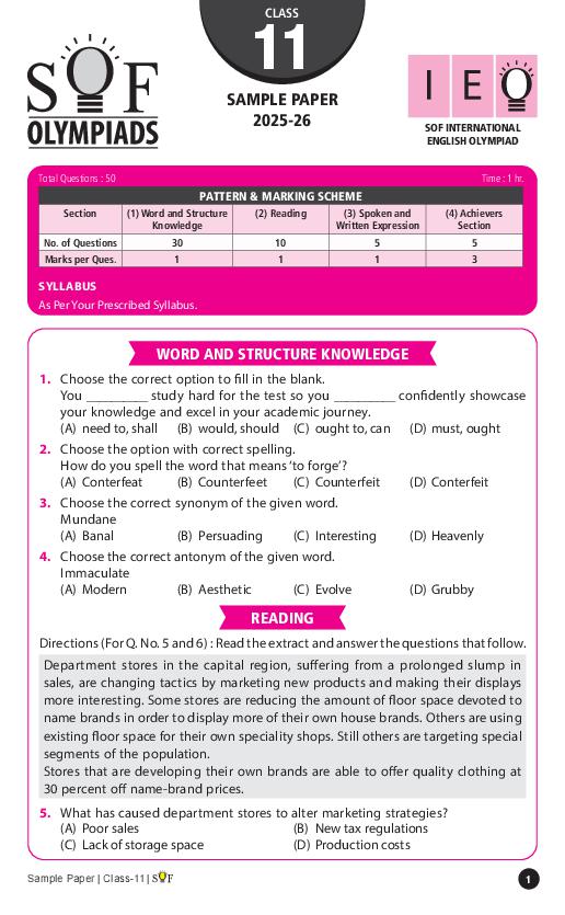 SOF IEO Sample Paper 2026 Class 11