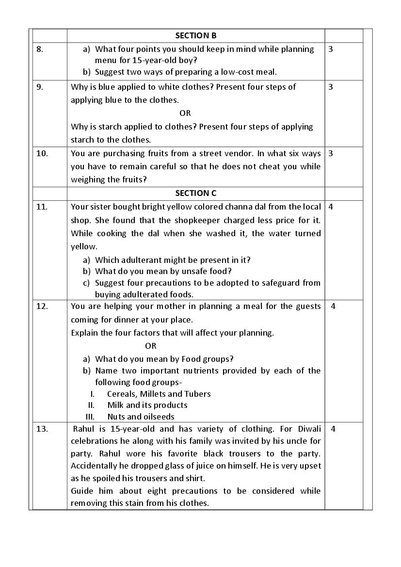 CBSE Sample Paper 2022 Class 10 Home Science - Term 2, Term 1 PDF Download