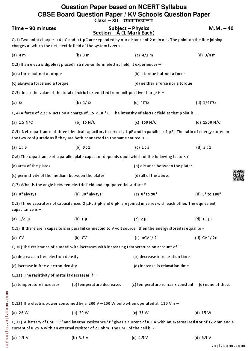 Class 12 PT 1 Question Paper Physics 2024-25 | Download Periodic Test 1 ...