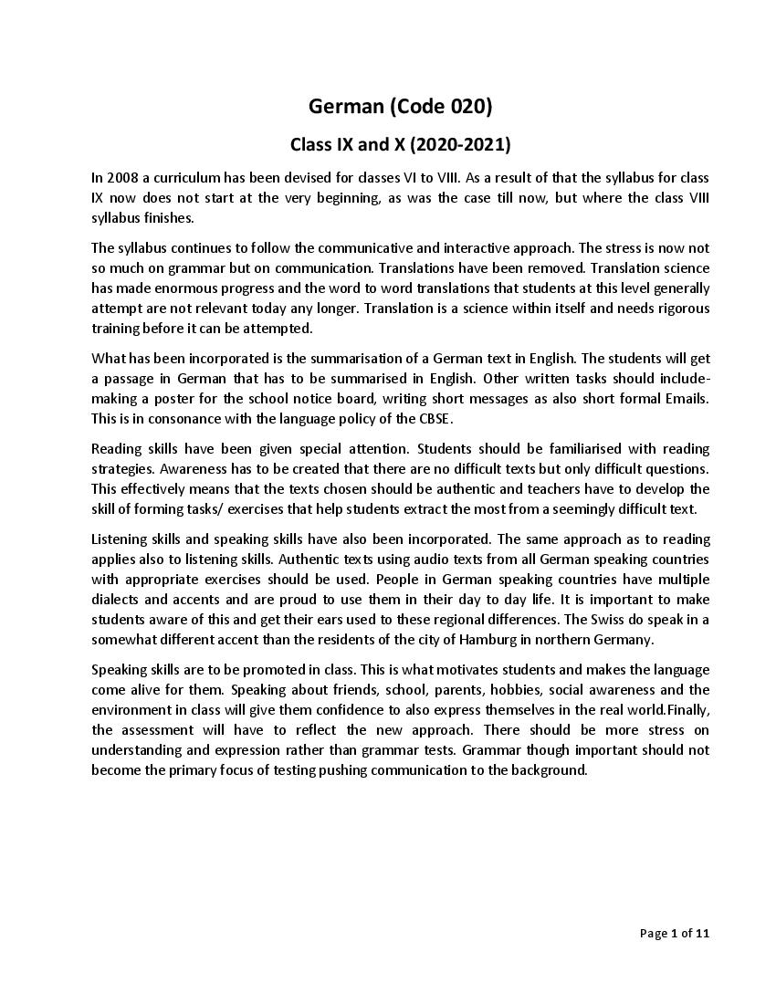 CBSE Class 9 German Syllabus 2020 21