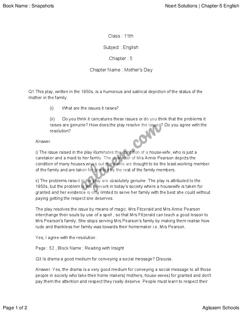 CBSE Class 11 English Snapshots Chapter 5 Mother s Day Solutions CBSE