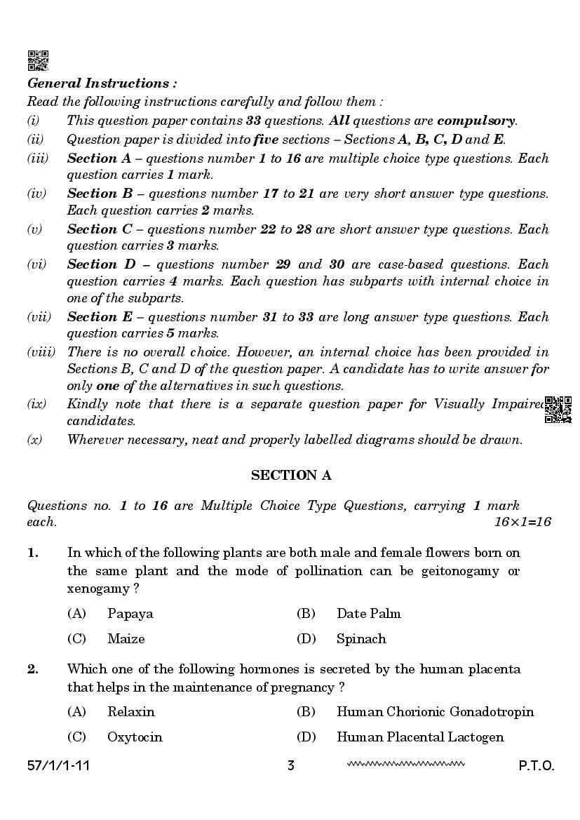 Class 12 Biology Question Paper 2024 (PDF) - Download 12th Annual Exam ...
