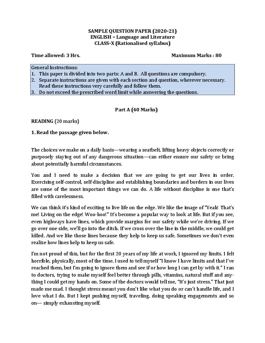 CBSE Class 10 Sample Paper 2021 For English CBSE Class 10 Sample Paper 2021 For English