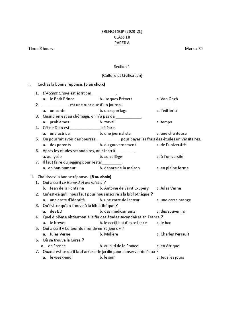 CBSE Class 10 Sample Paper 2021 For French CBSE Class 10 Sample Paper 2021 For French