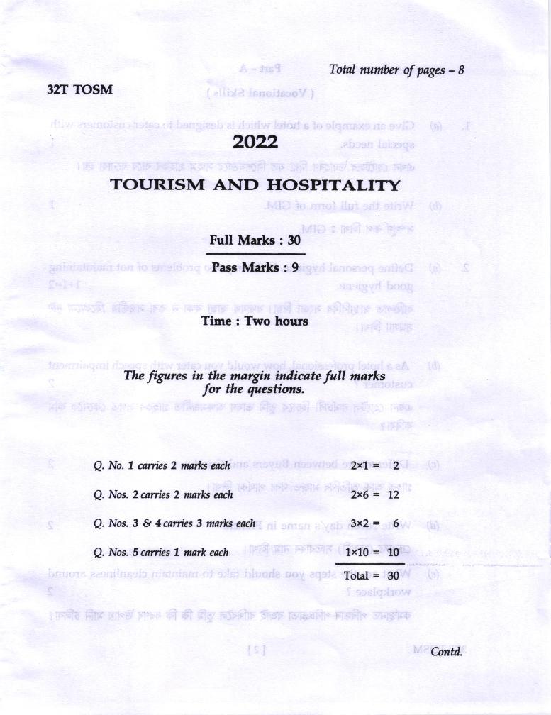 AHSEC HS 2nd Year Question Paper 2022 Tourism And Hospitality AHSEC HS 2nd Year Question Paper 2022 Tourism And Hospitality