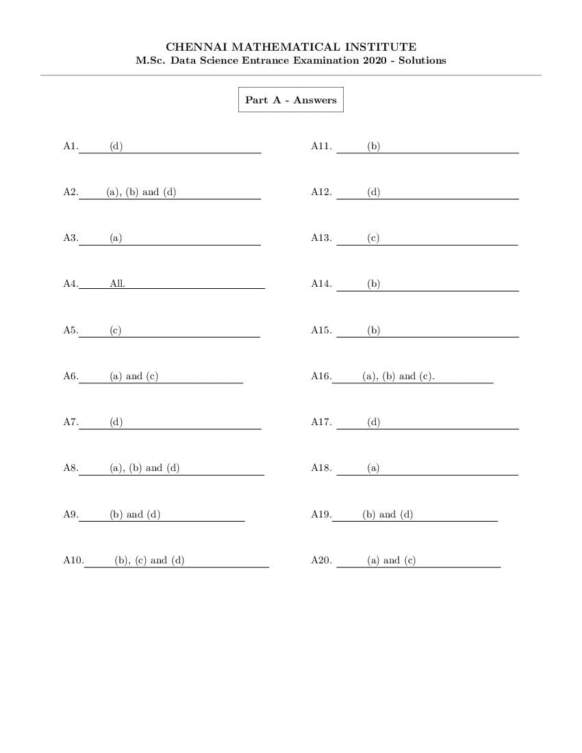 CMI Entrance Exam 2020 Question Paper Solution M.Sc Data Science