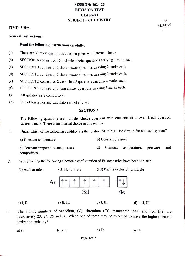 Class 11 Revision Test 2024-25 Question Paper Chemistry