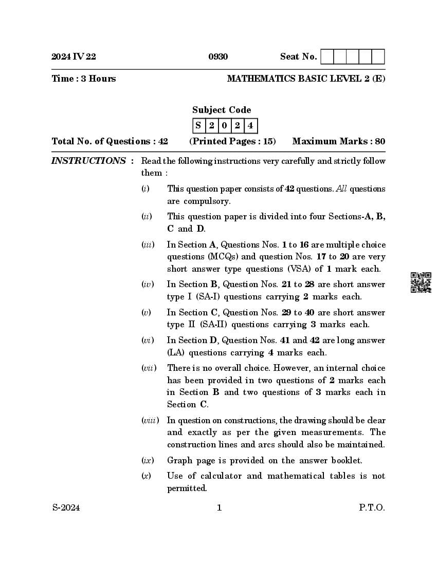 Goa Board Class 10 Question Paper for Mathematics Basic Level 2 - Download PDF Here - AglaSem