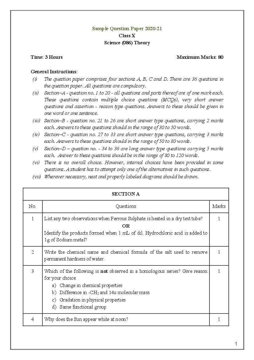 CBSE Class 10 Sample Paper 2021 For Science CBSE Class 10 Sample Paper 2021 For Science