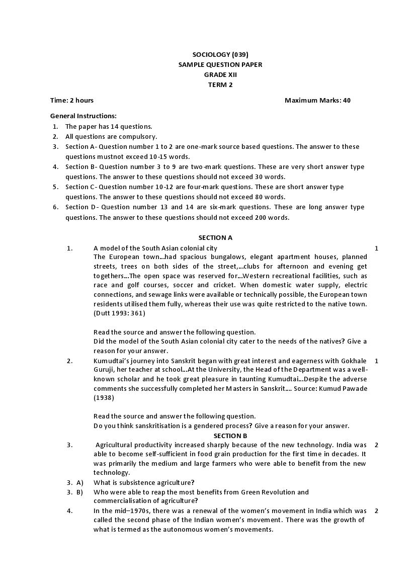 CBSE Sample Paper 2022 For Class 12 Term 2 For Sociology With Solutions CBSE Sample Paper 2022 For Class 12 Term 2 For Sociology With Solutions
