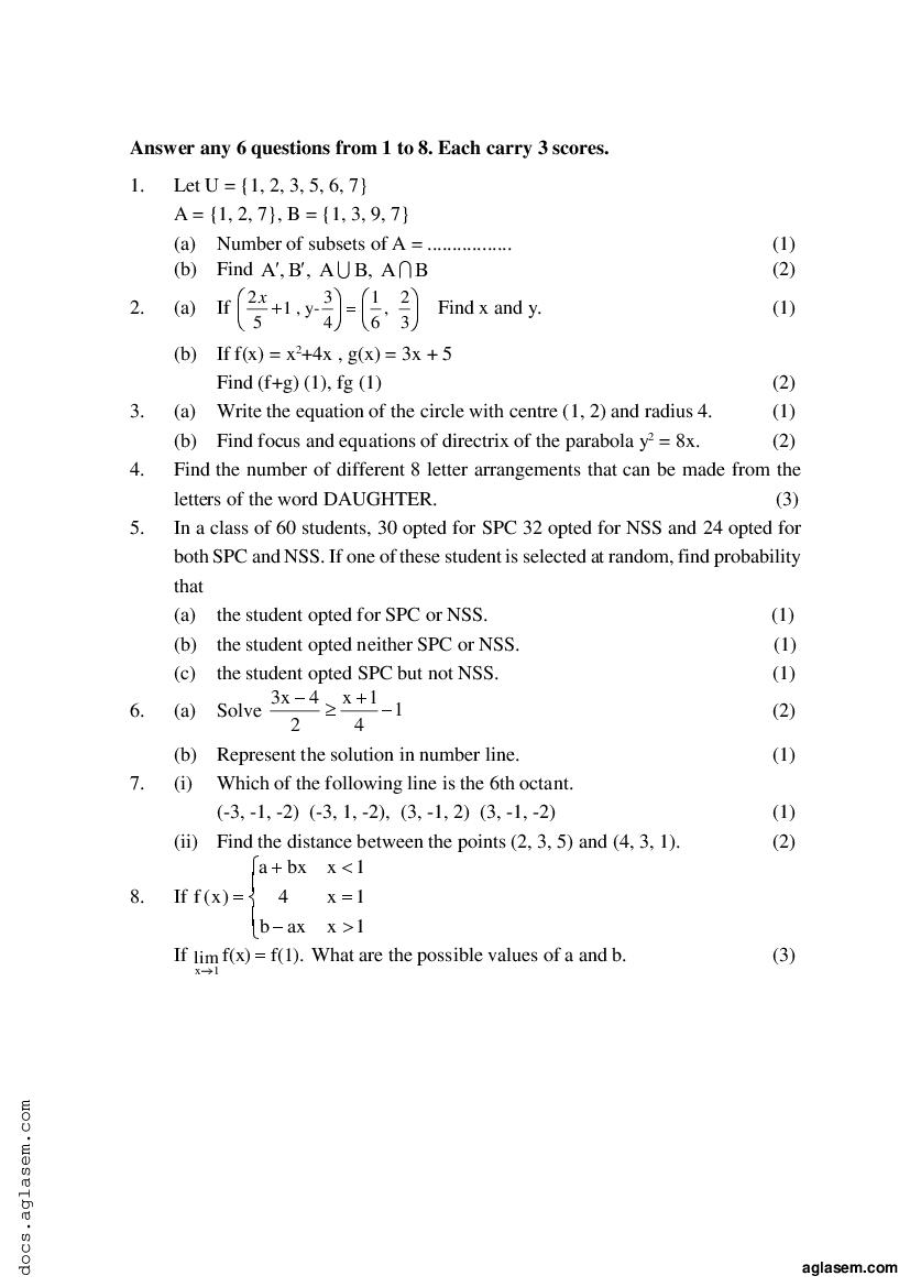 Kerala Plus One Maths Science Model Paper 2024 PDF OneEdu24