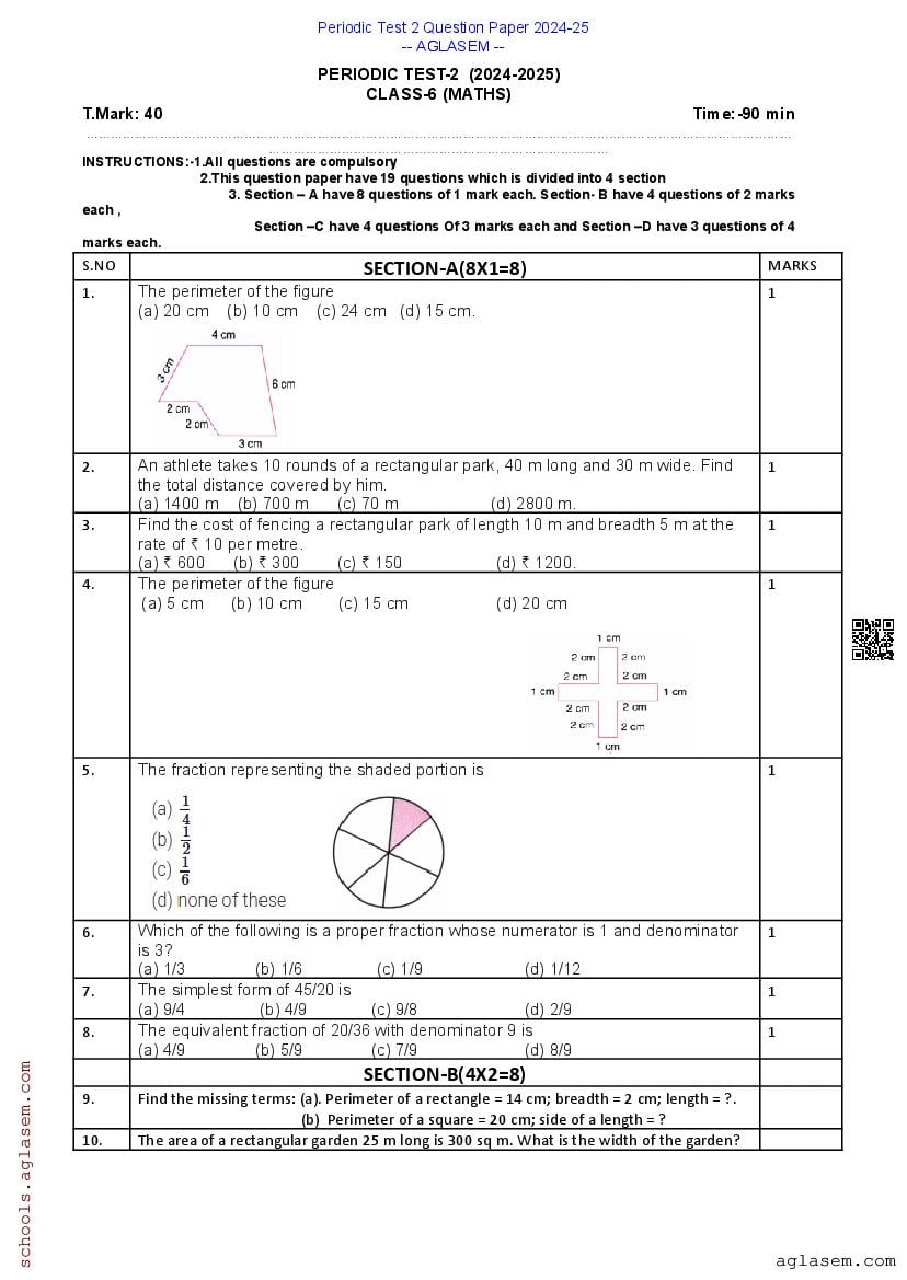 Class 6 PT 2 Question Paper Maths 2024-25 PDF | Download Periodic Test ...