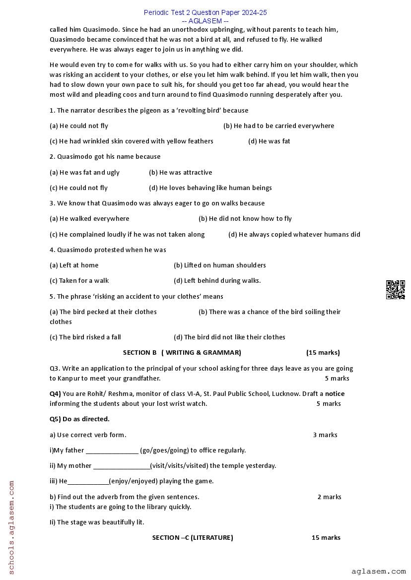 Class 6 PT 2 Question Paper English 2024-25 PDF | Download Periodic ...