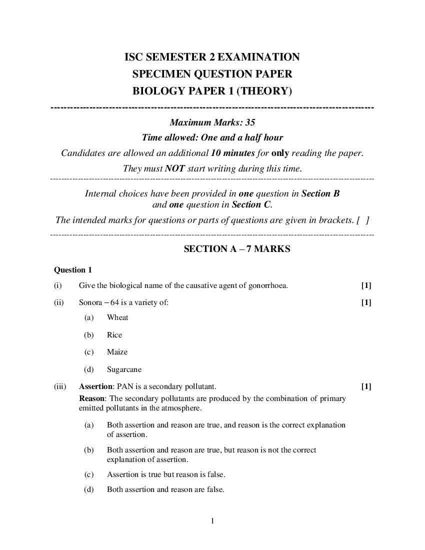 ISC Class 12 Specimen Paper 2022 Biology Semester 2 ISC Class 12 Specimen Paper 2022 Biology Semester 2