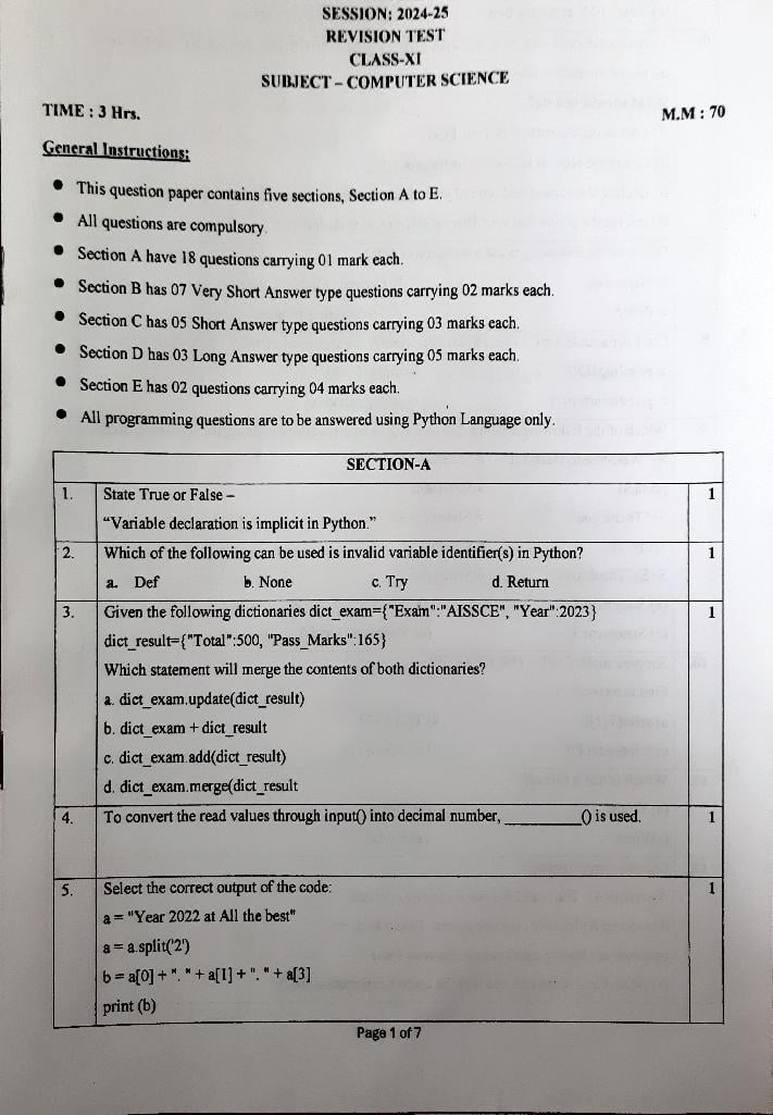 Class 11 Revision Test 2024-25 Question Paper Computer Science