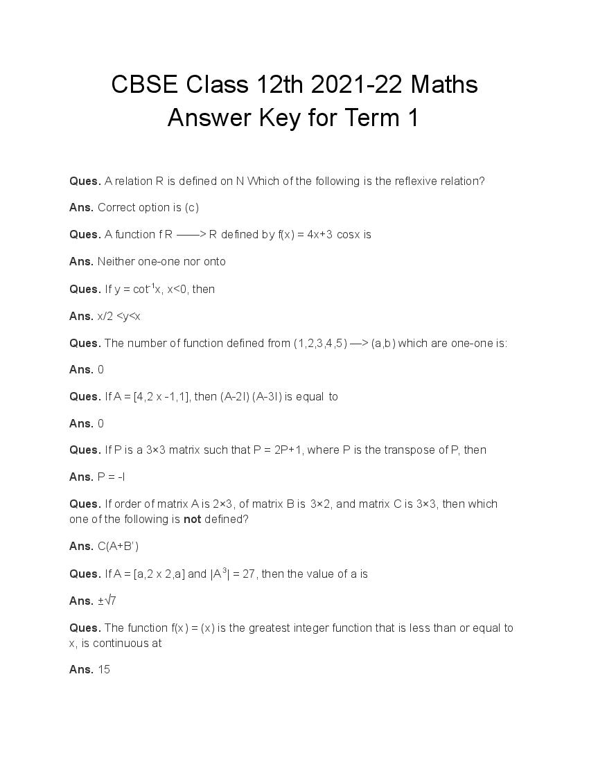 CBSE Class 12th 2021 22 Maths Answer Key For Term 1
